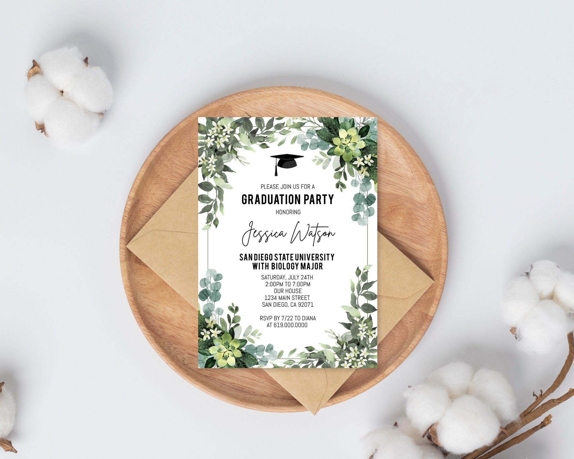 Greenery Graduation Party Invitation, Foliage Editable Graduation ...