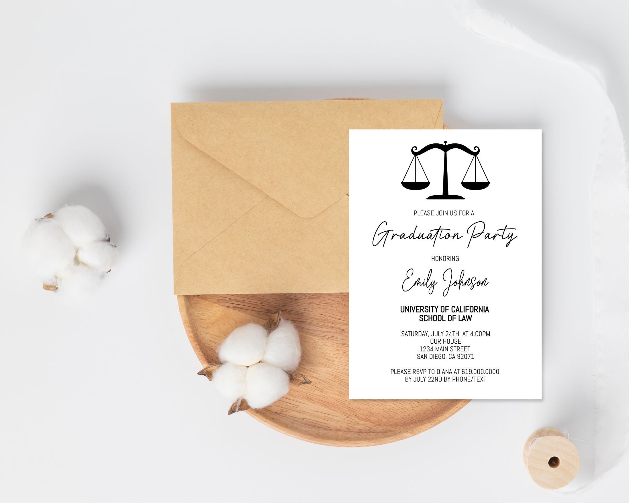 Law School Graduation Invitation Editable Template, Minimalist Scale of ...