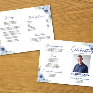 Blue Funeral Program Template, Blue Flowers Funeral Program for Men ...