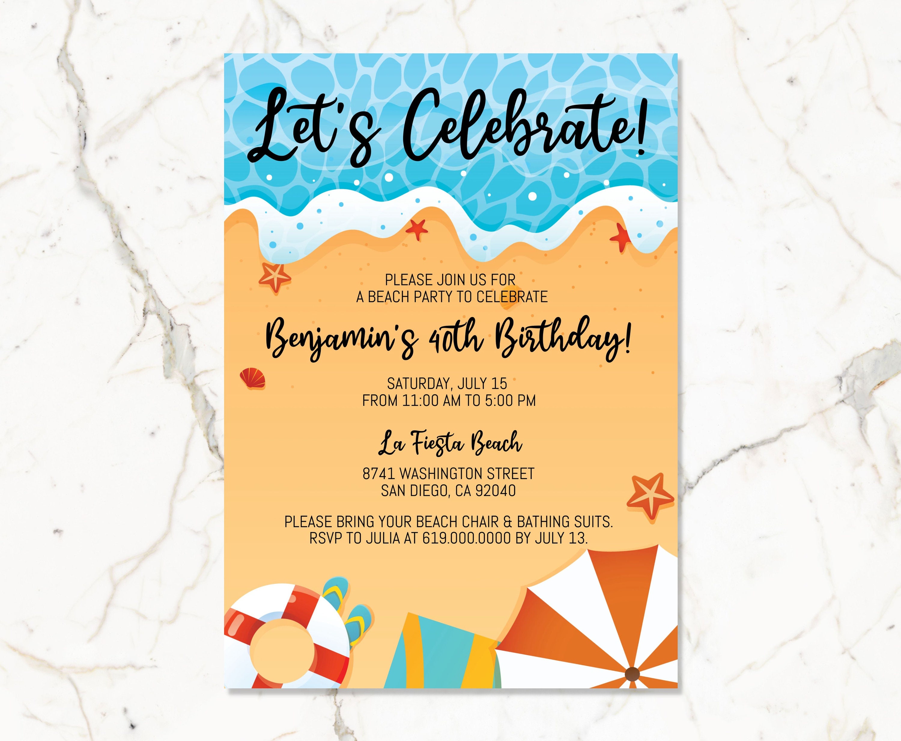 Beach Birthday Party Invitation Template for Men Women Kids, Summer Beach Birthday Party ...