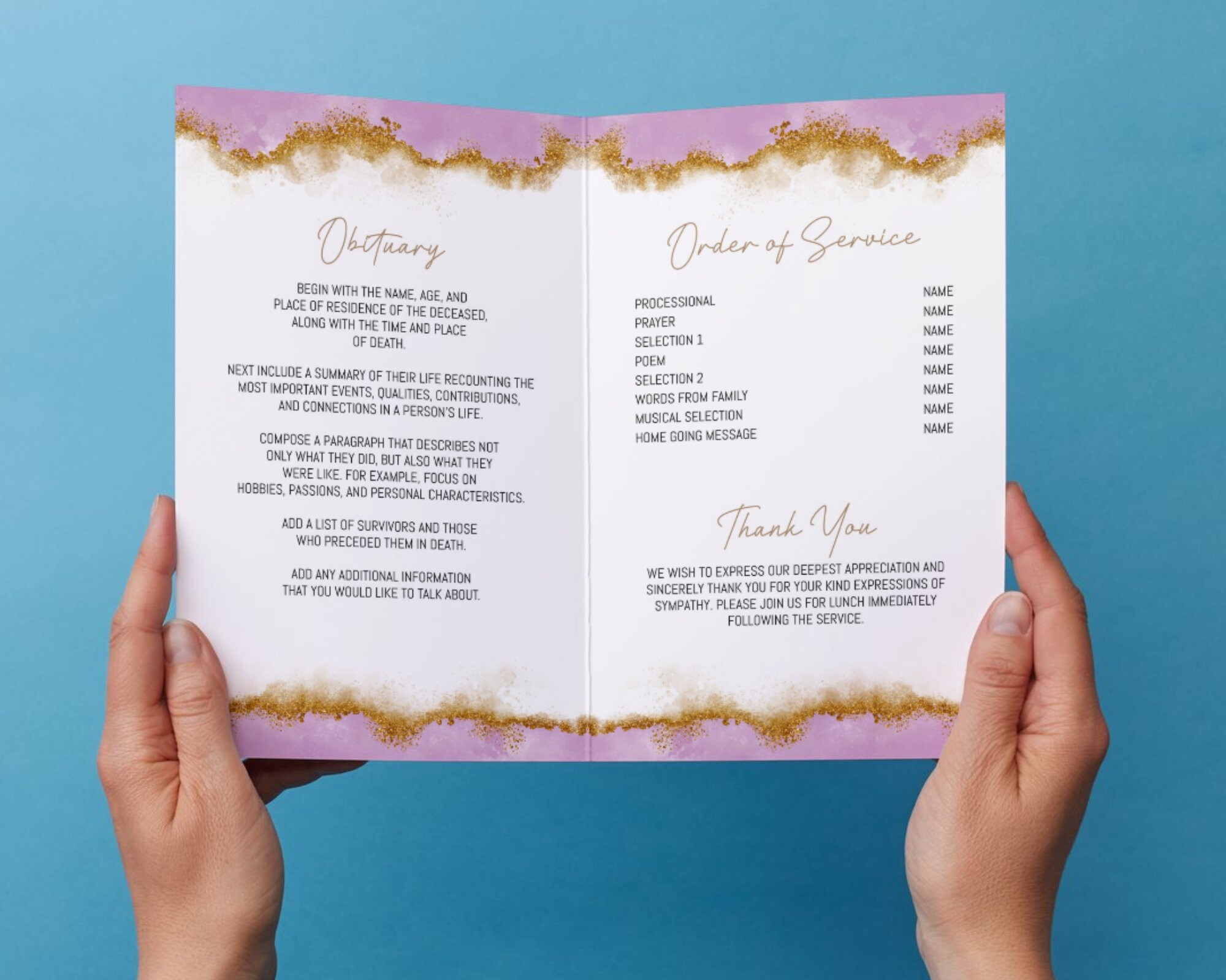 Pink and Gold Funeral Program Template, Luxurious Pink Funeral Program ...