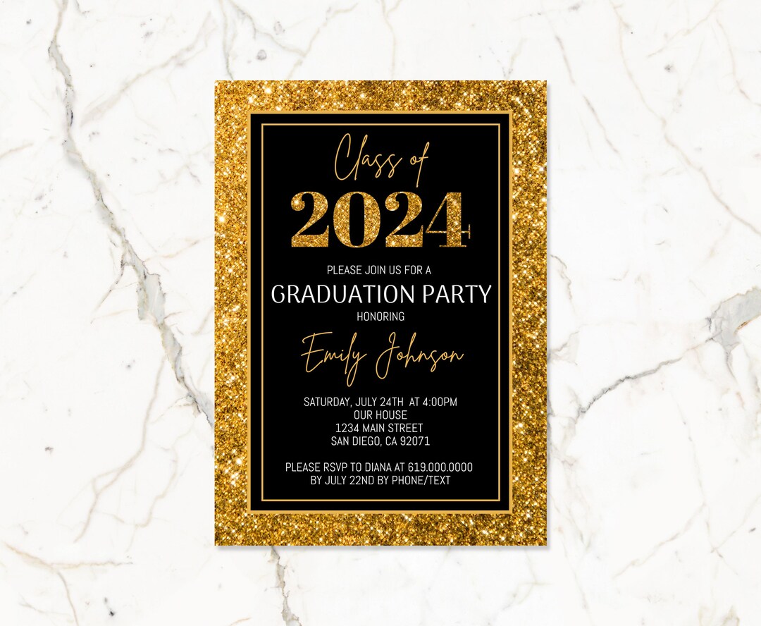 Gold Glitter Graduation Invitation Template, Minimalist Gold & Black ...