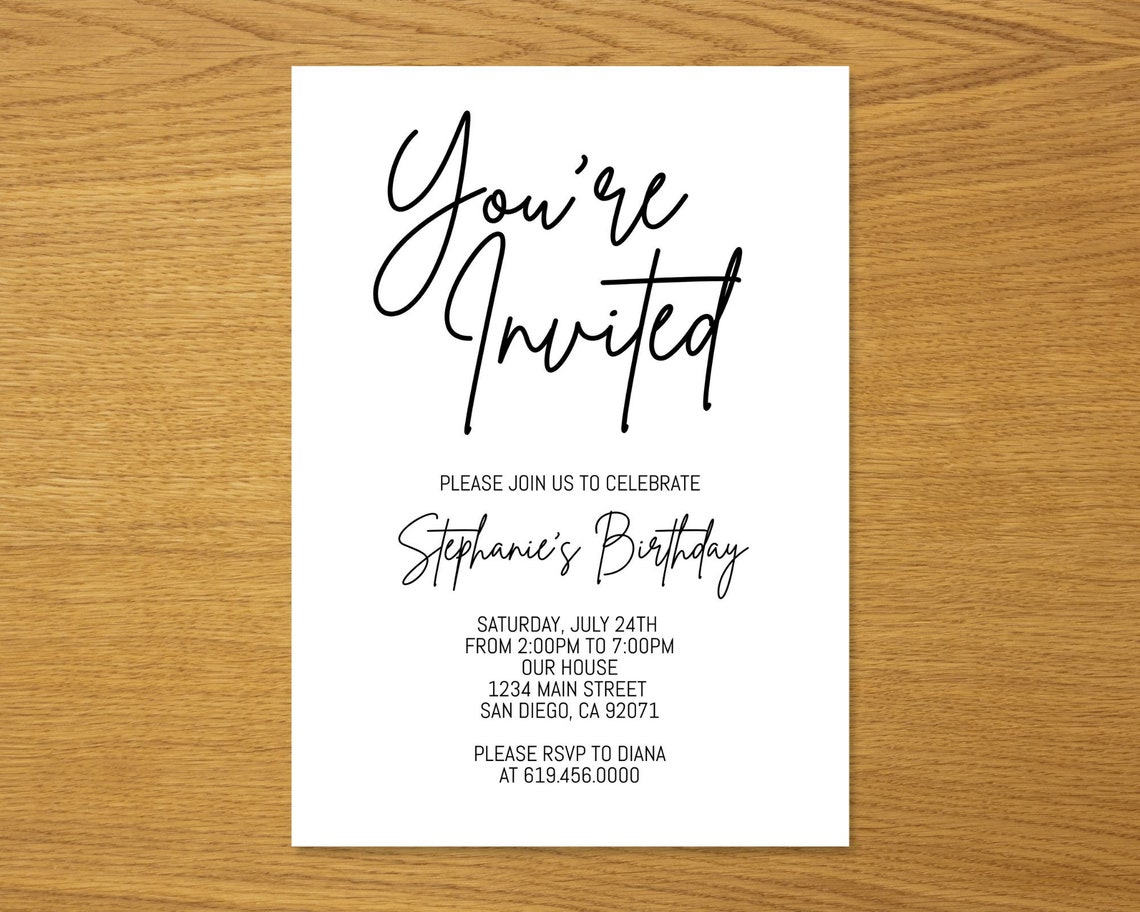 Minimalist Black & White Birthday Invitation Template, Instant Download ...