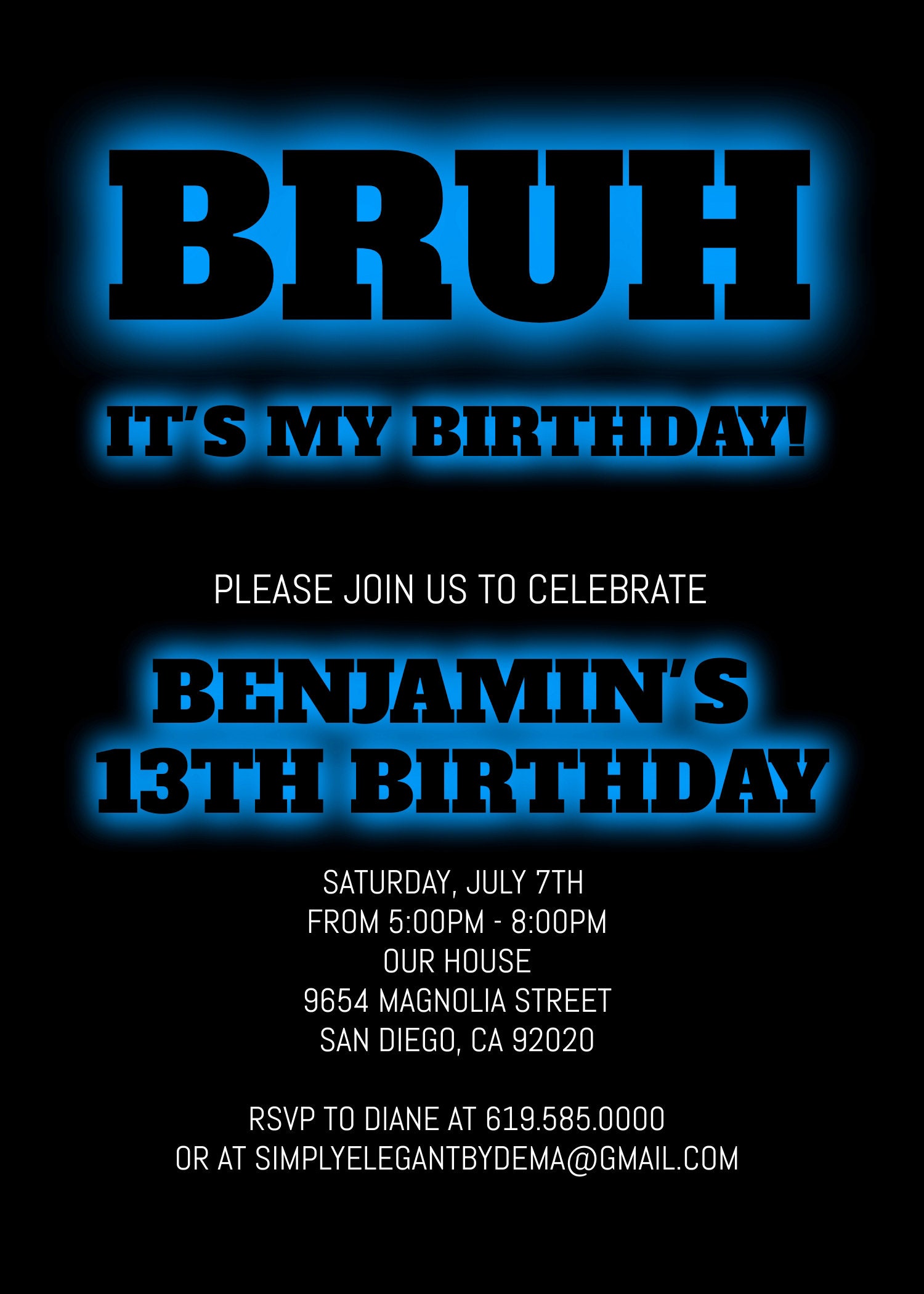 Bruh Invitation, Black & Blue Birthday Invitation for Boys Teens Kids ...