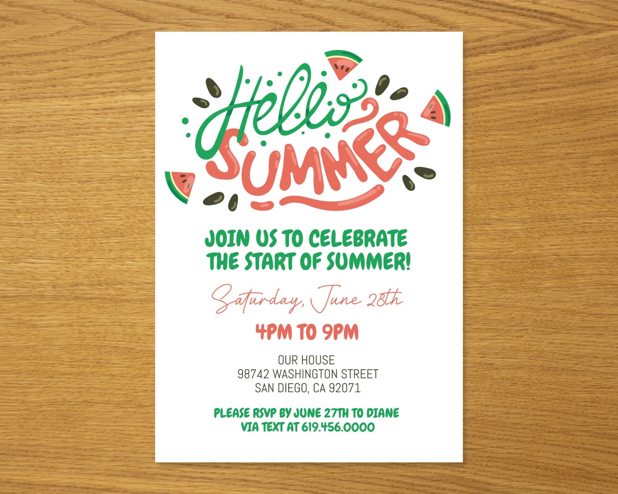 Hello Summer Party Invitation Template, Watermelon Invitation, Summer ...