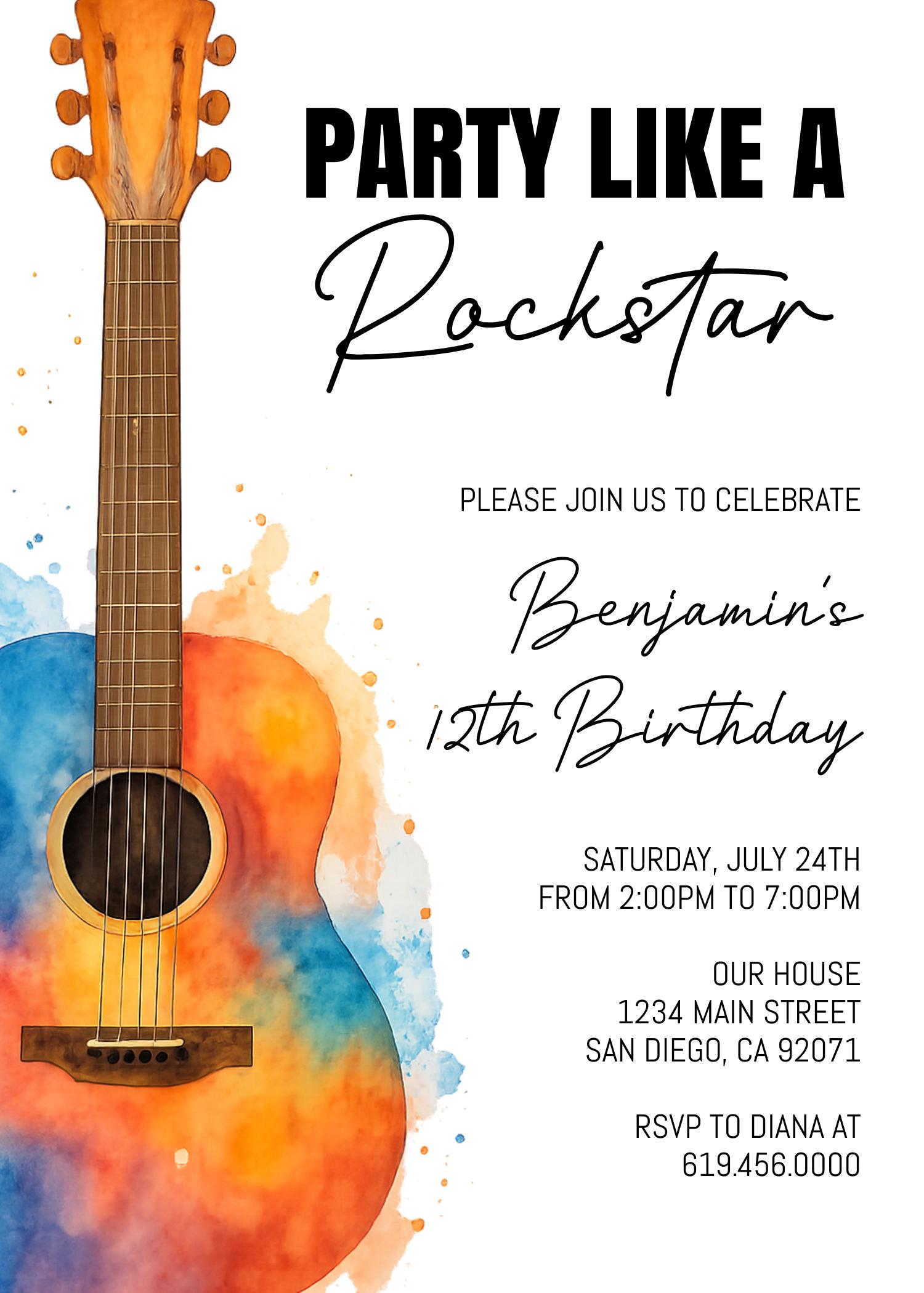 Guitar Birthday Party Invitation Template, Rockstar Invite, Karaoke ...
