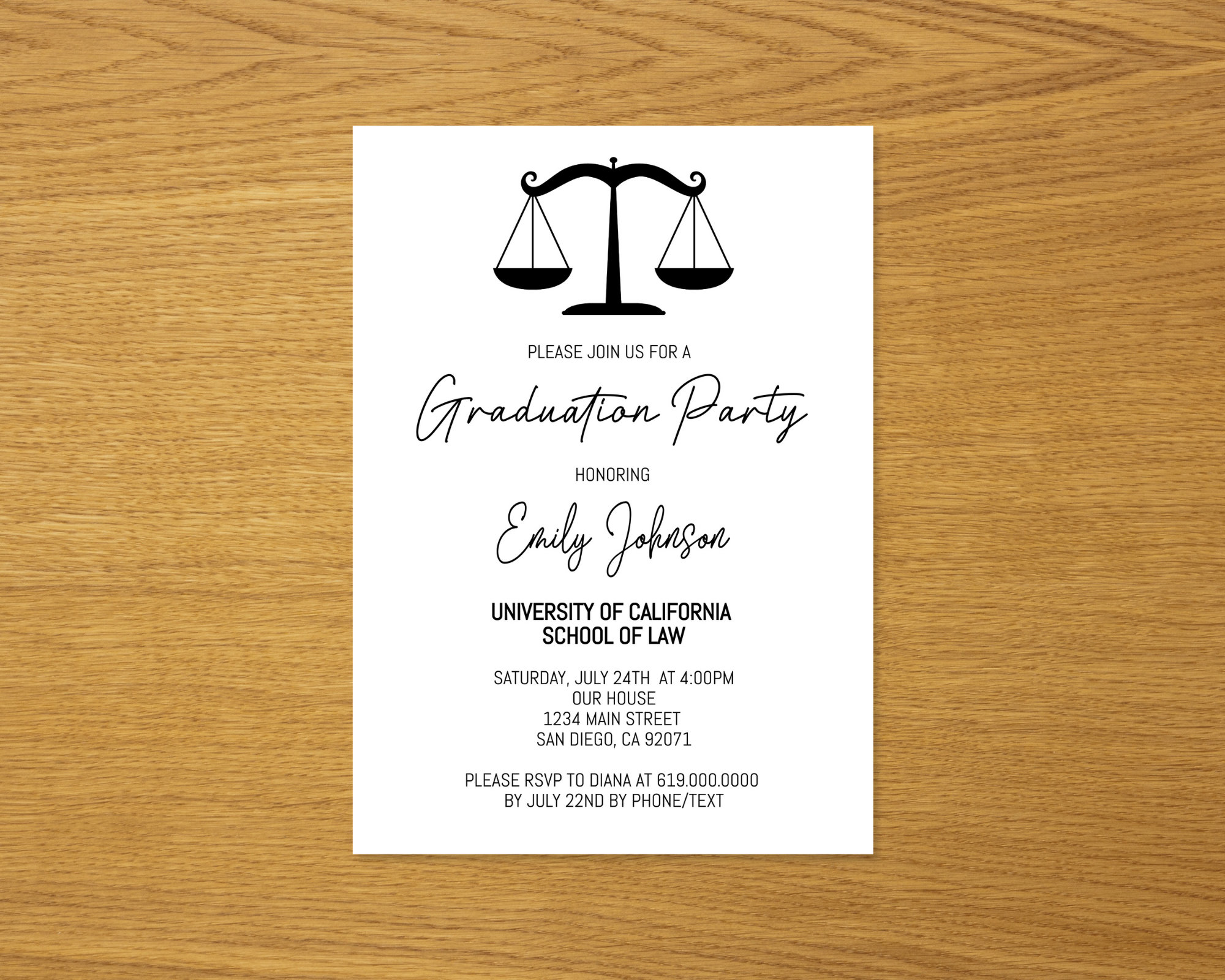 Law School Graduation Invitation Editable Template, Minimalist Scale of ...