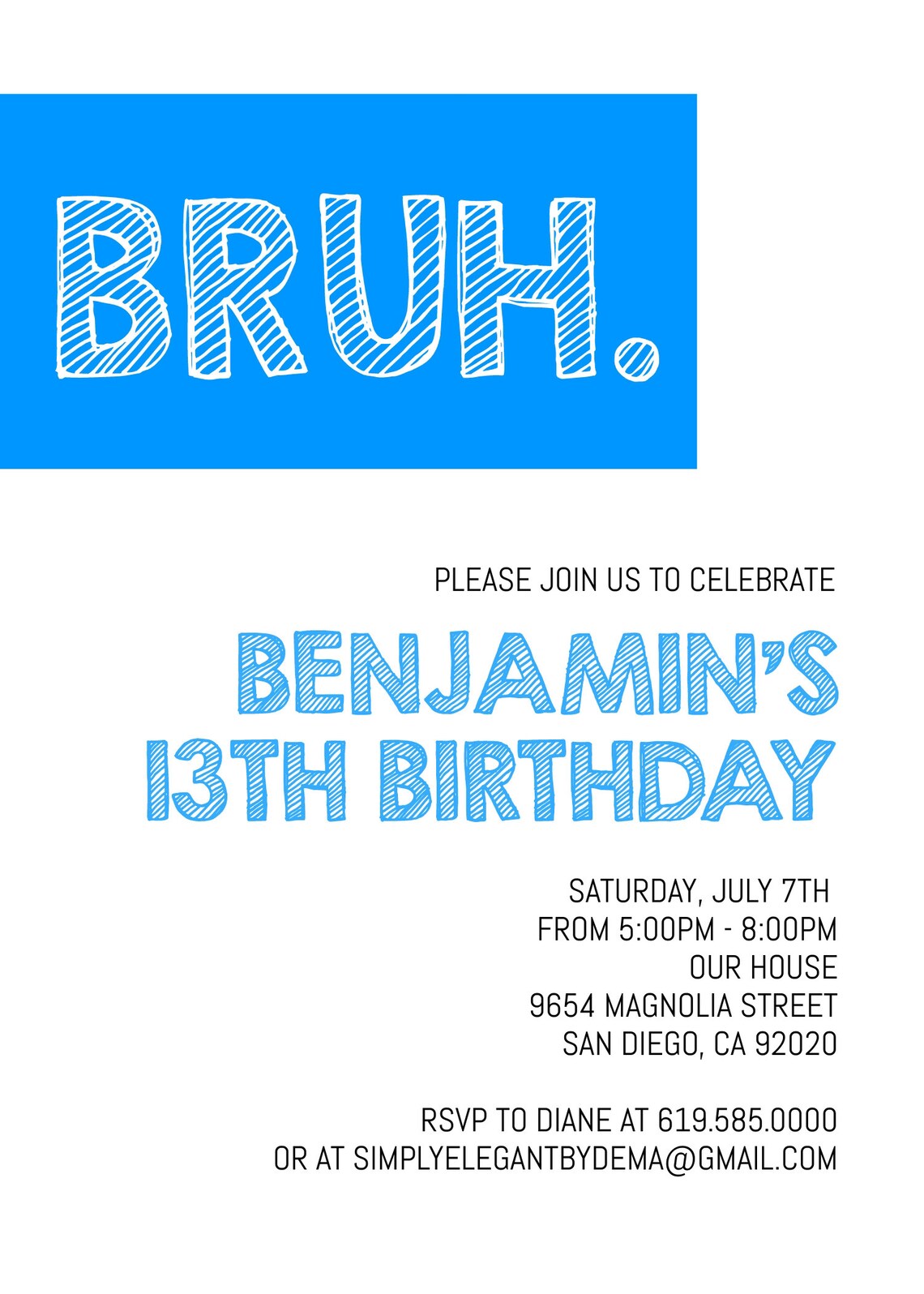 Blue Birthday Party Invitation Template, Any Age, Instant Download Bruh ...