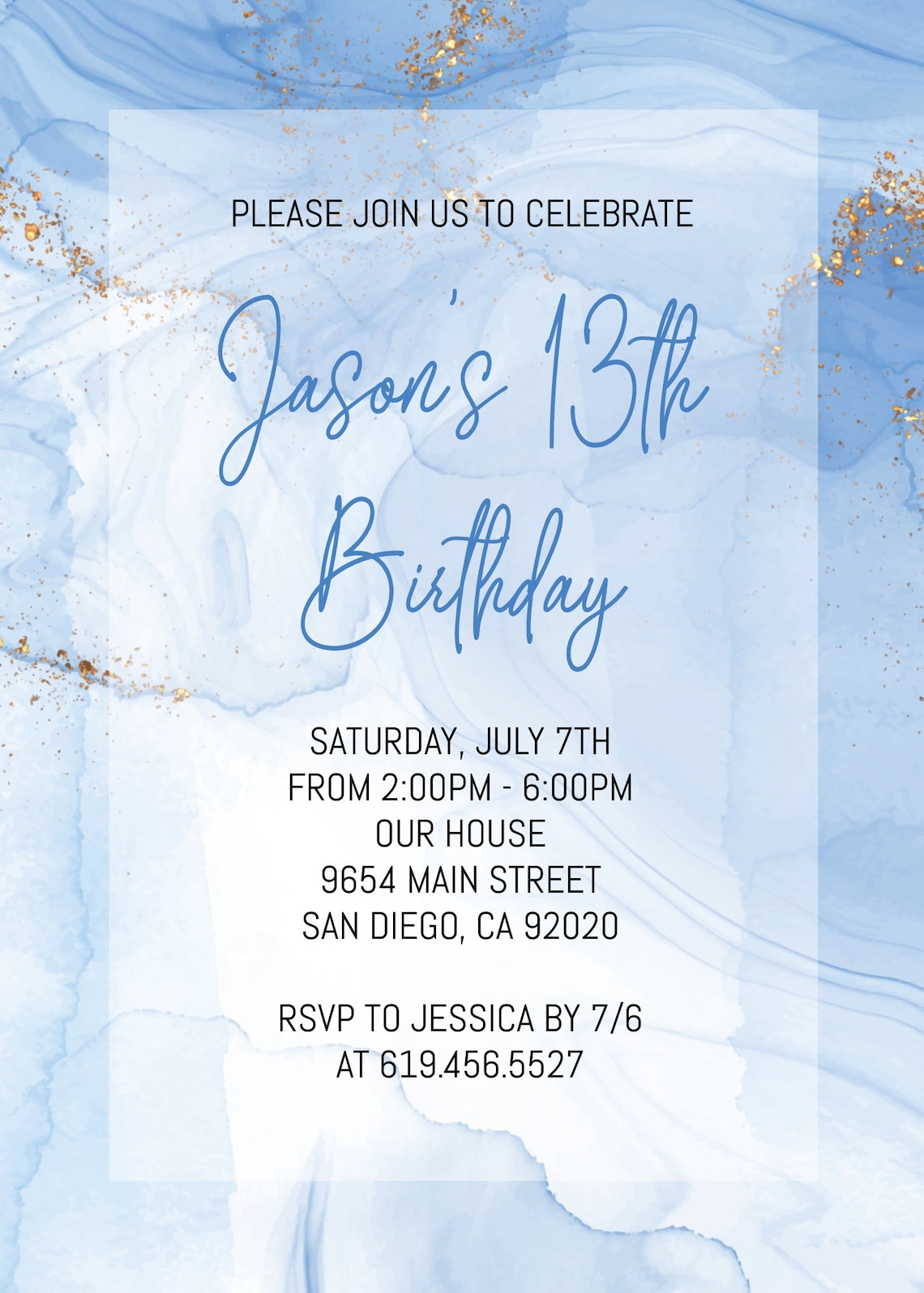 Blue Watercolor Birthday Invitation Template for Boys, Teens, Kids ...