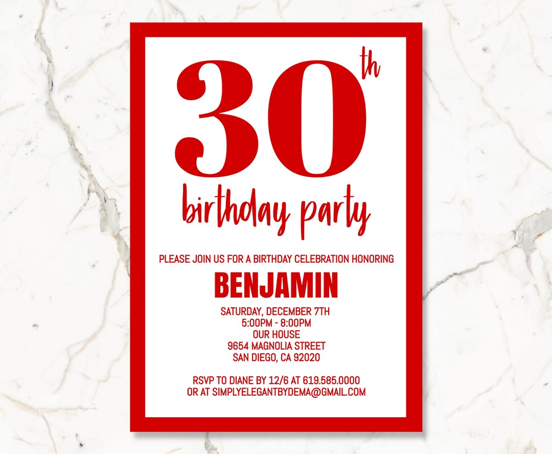 Red Birthday Invitations for Men Women Adults/any AGE & Color/edit ...