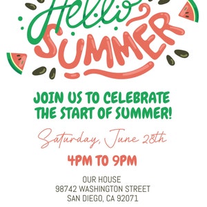 Hello Summer Party Invitation Template, Watermelon Invitation, Summer ...