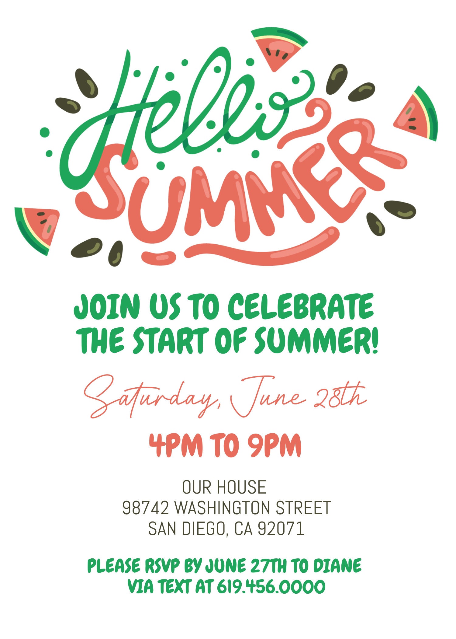 Hello Summer Party Invitation Template, Watermelon Invitation, Summer ...