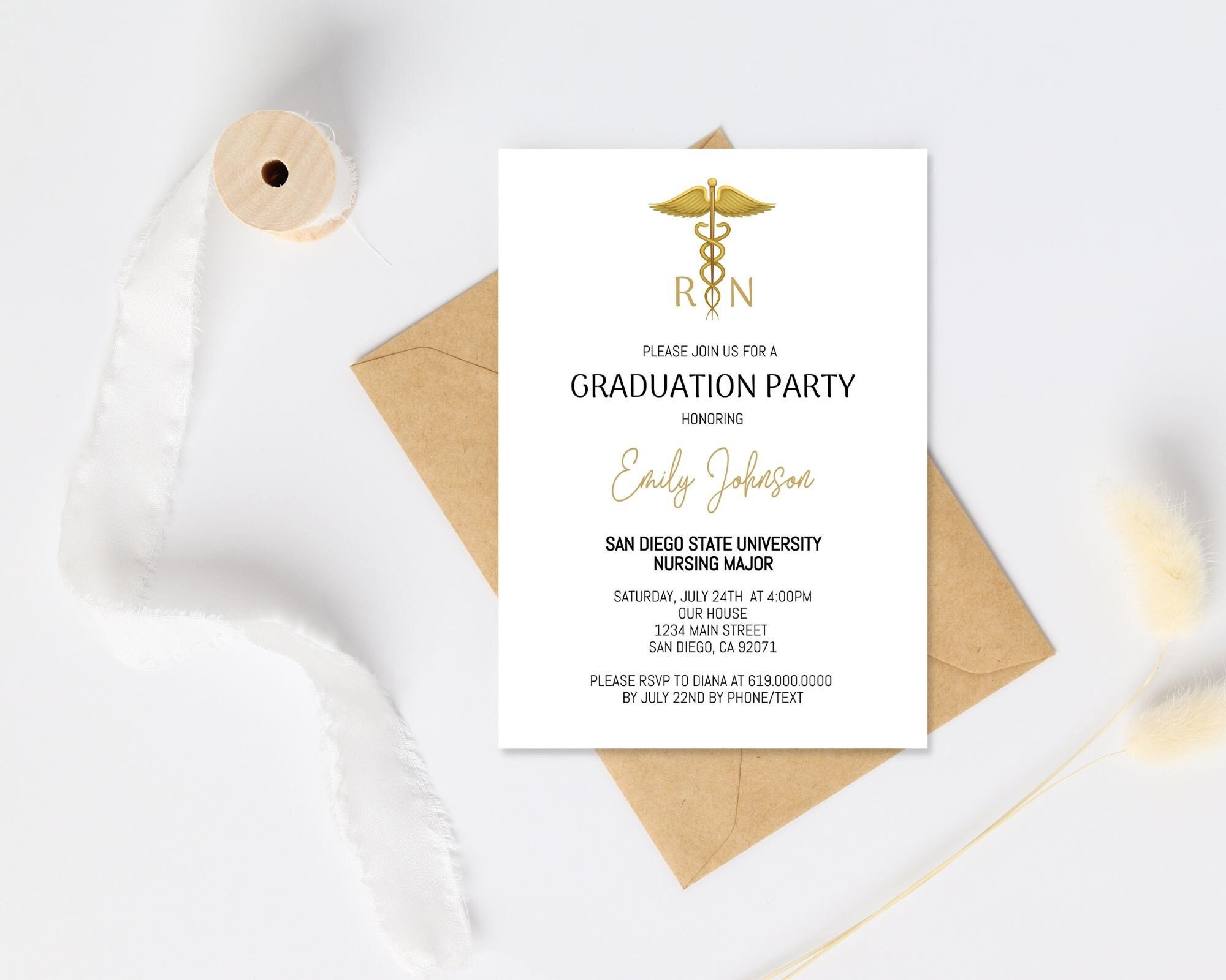 Nurse Graduation Invitation Template, Minimalist Gold Nurse RN ...