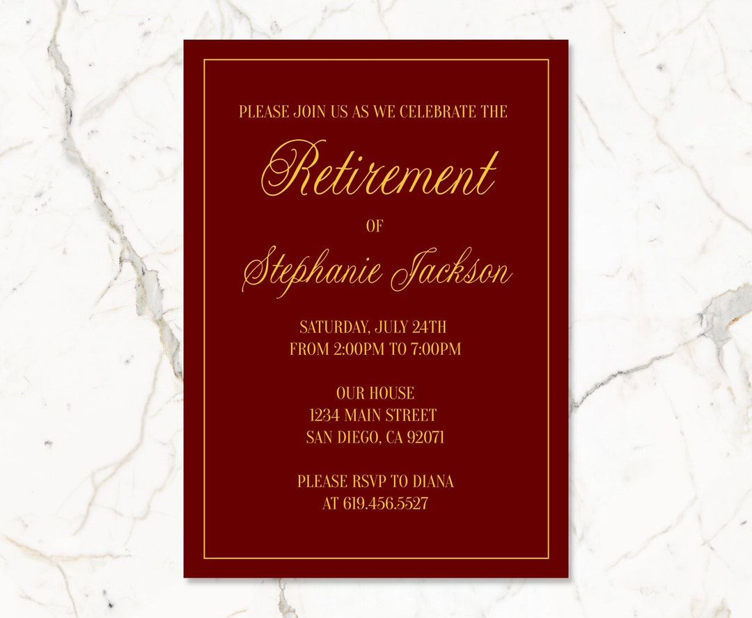 Gold & Red Retirement Invitations/printable Golden Burgundy Frame ...