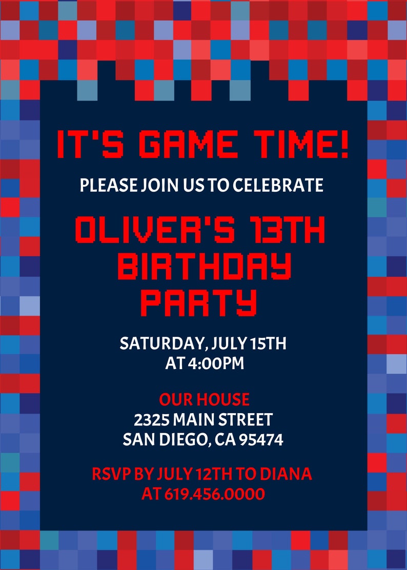 Red & Blue Pixelated Invitation Template, Video Game Birthday ...