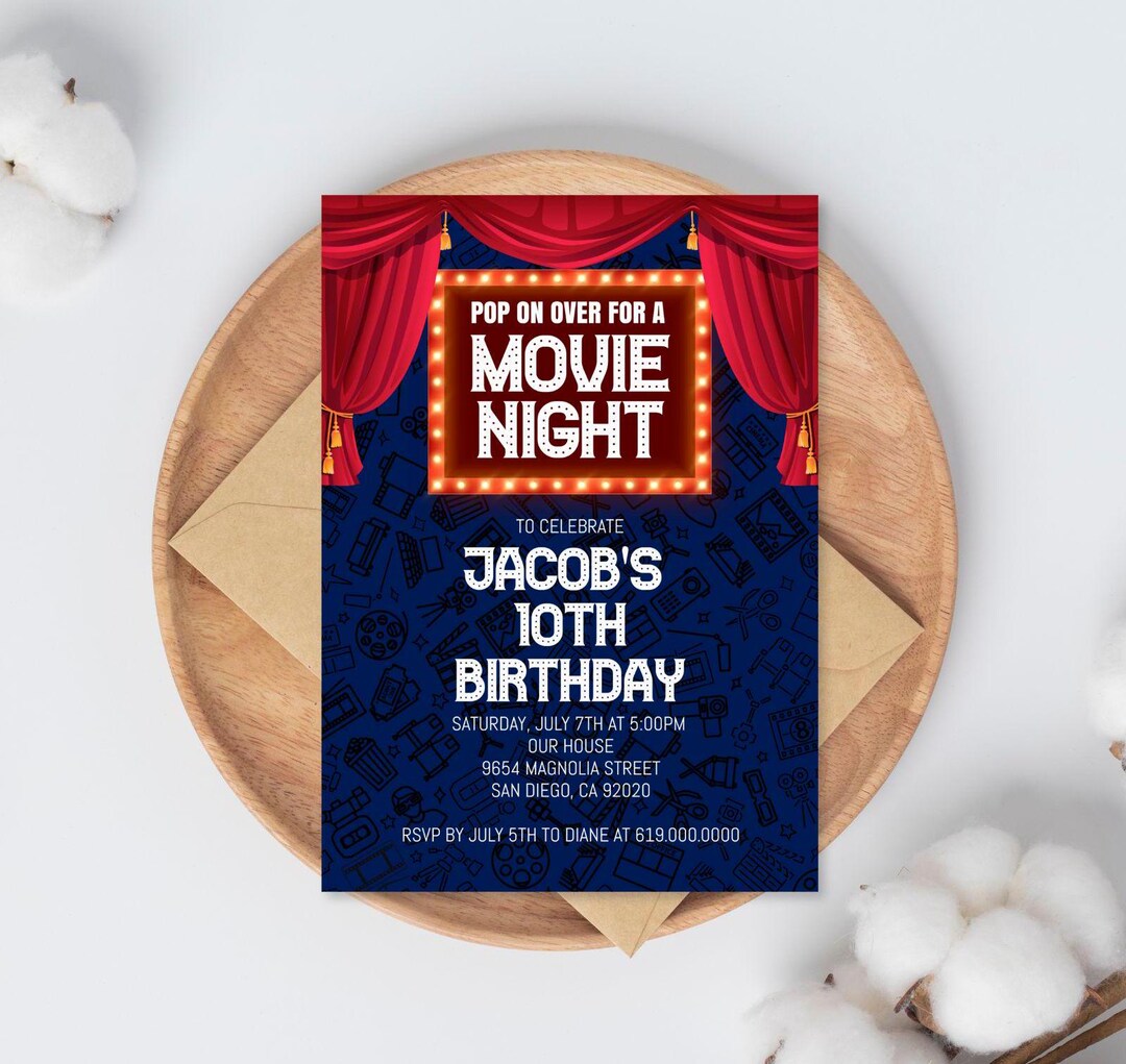Movie Night Birthday Party Invitation, Popcorn and Movie, Sleepover ...