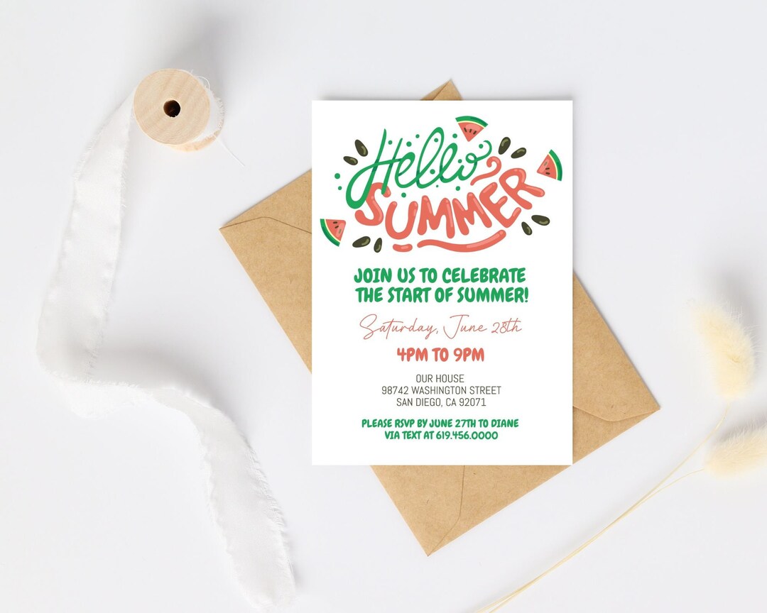 Hello Summer Party Invitation Template, Watermelon Invitation, Summer ...