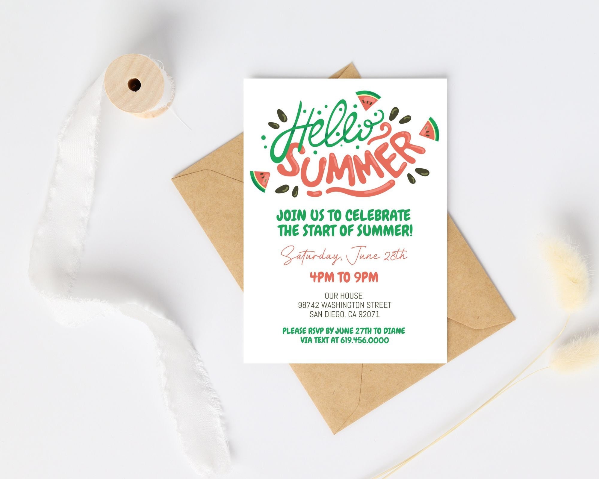 Hello Summer Party Invitation Template, Watermelon Invitation, Summer ...