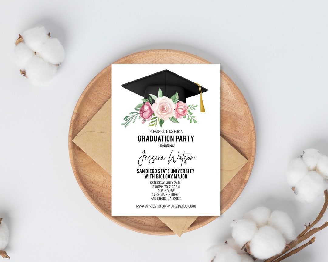 Boho Graduation Party Invitation Template, Floral Graduation Invitation ...