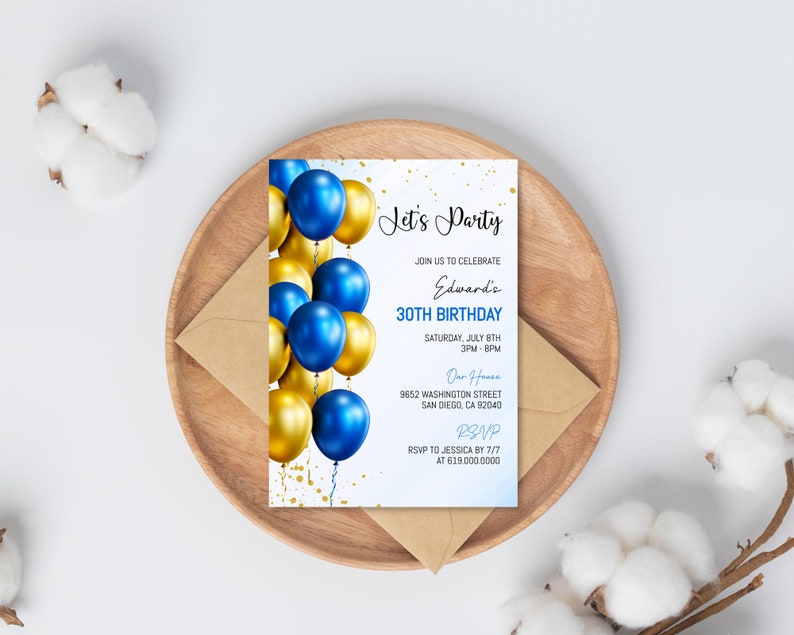 Blue & Gold Balloons Birthday Invitation Template, Editable Blue ...