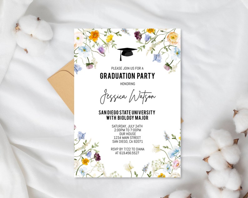 Floral Graduation Party Invitation, Wildflower Graduation Invitation ...
