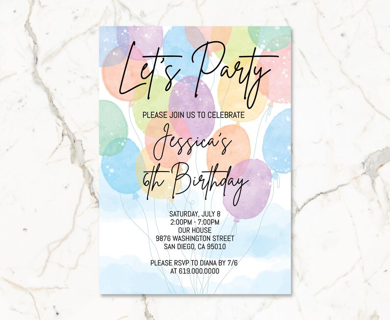Colorful Balloons Birthday Invitation Template, Editable, Birthday ...