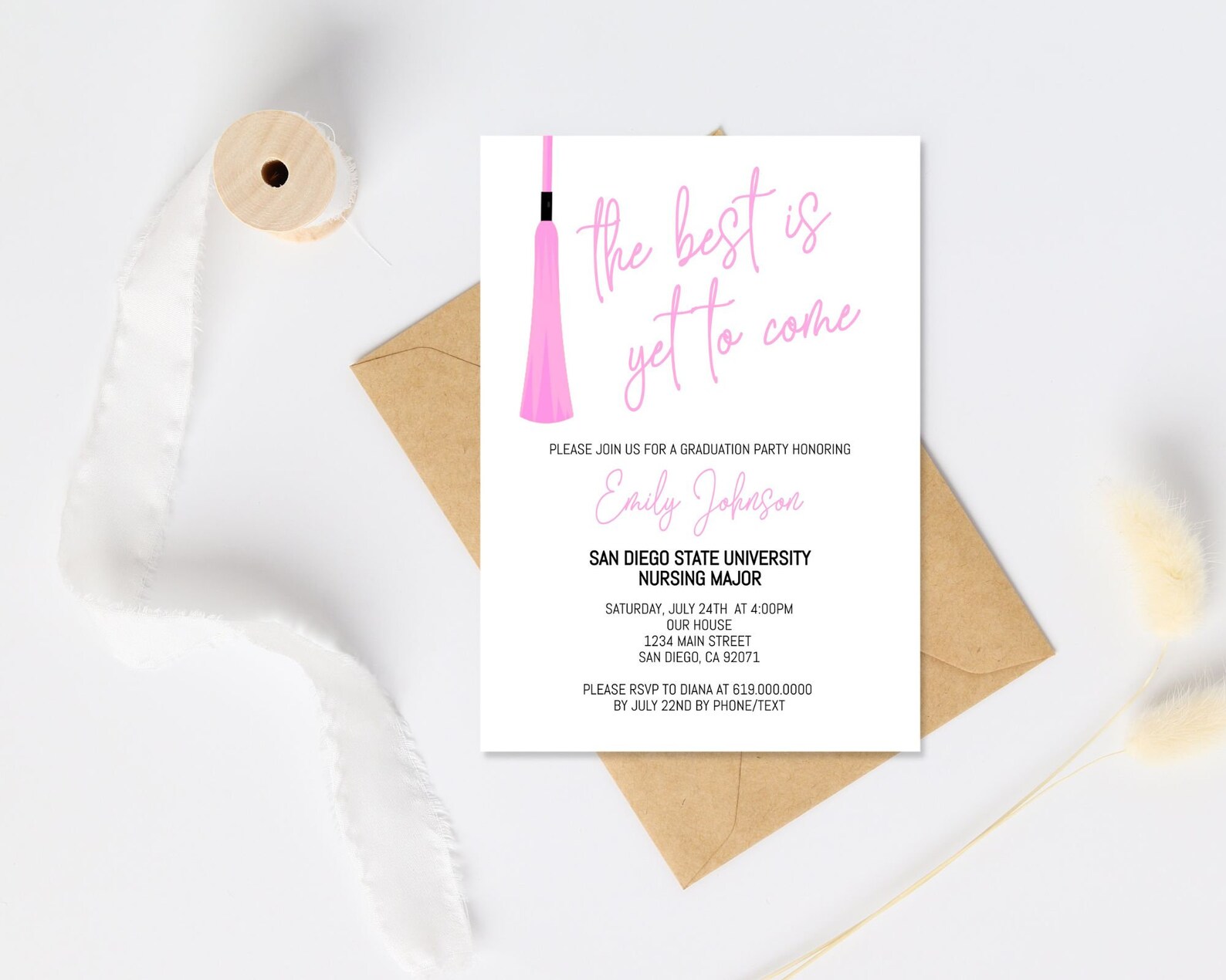 Tassel Graduation Invitation Template, Minimalist Pink Tassel ...