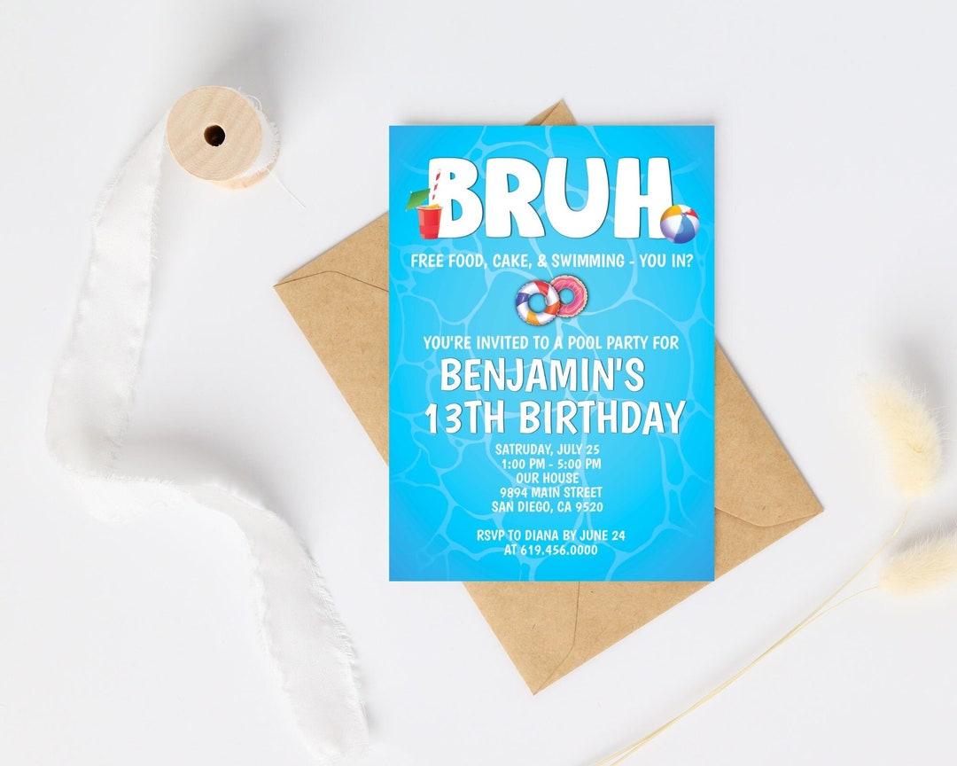 Bruh Boy Pool Party Birthday Invitation, Teen Birthday Party Invitation ...