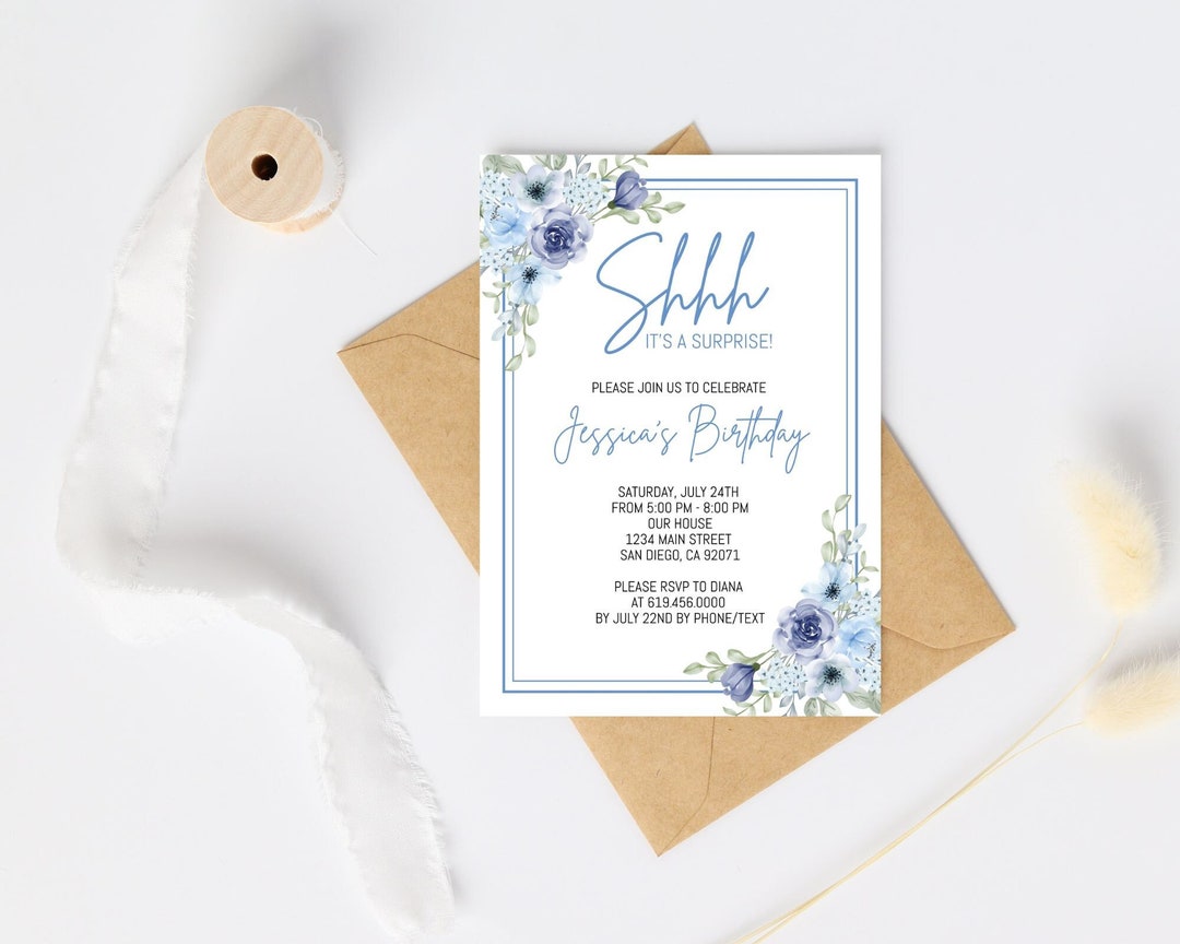 Editable Baby Blue Floral Birthday Invitation Template, Blue Flowers ...