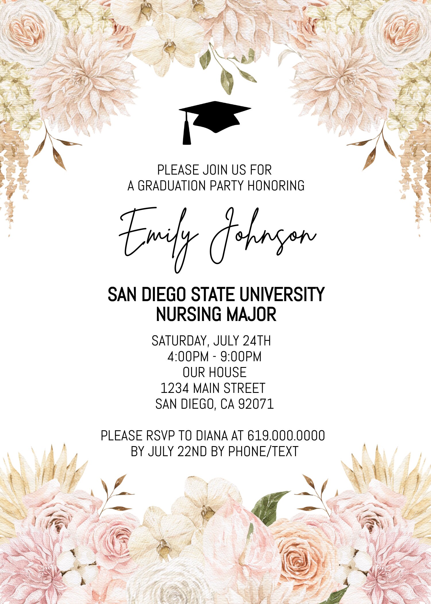 Floral Graduation Party Invitation, Wildflower Invitation Template ...