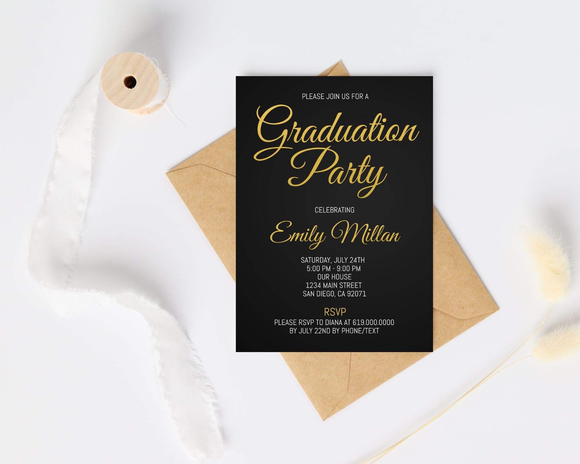 Gold & Black Graduation Announcement, Black Graduation Party Invitation ...
