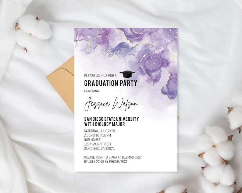 Purple Graduation Party Invitation Template, Luxury Purple and Gold ...