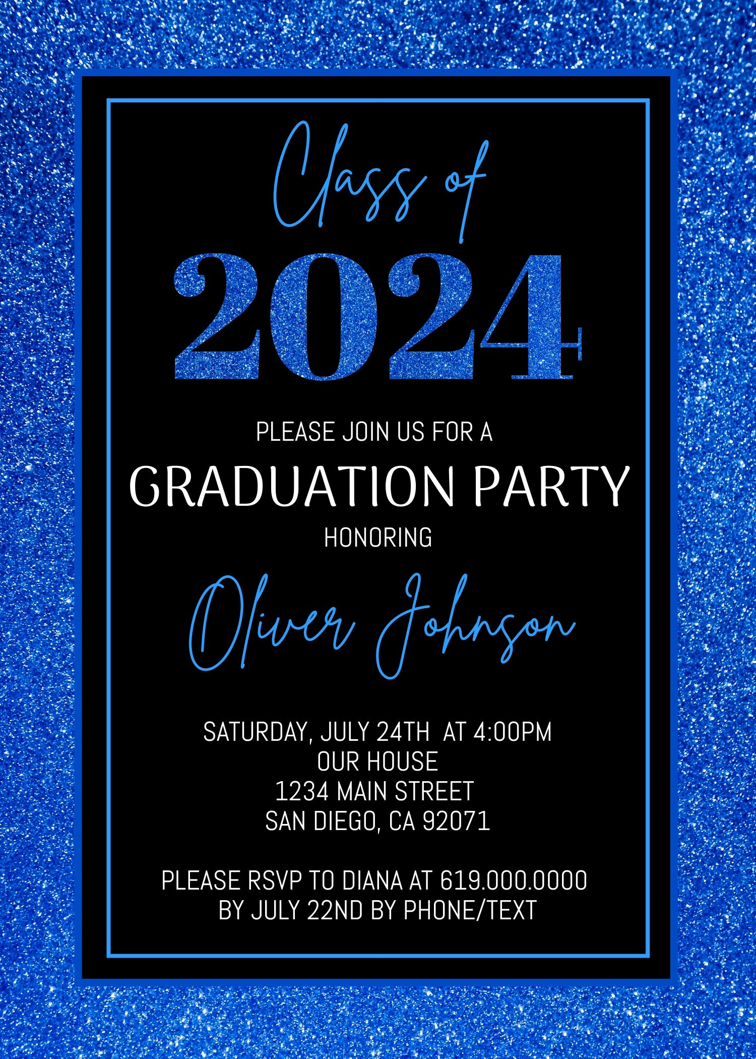 Blue Glitter Graduation Invitation Template, Minimalist Blue & Black ...