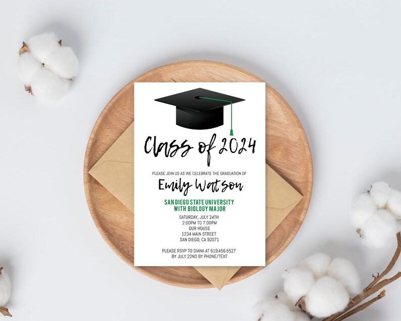 Green Graduation Party Invitation Template, High School Graduation ...