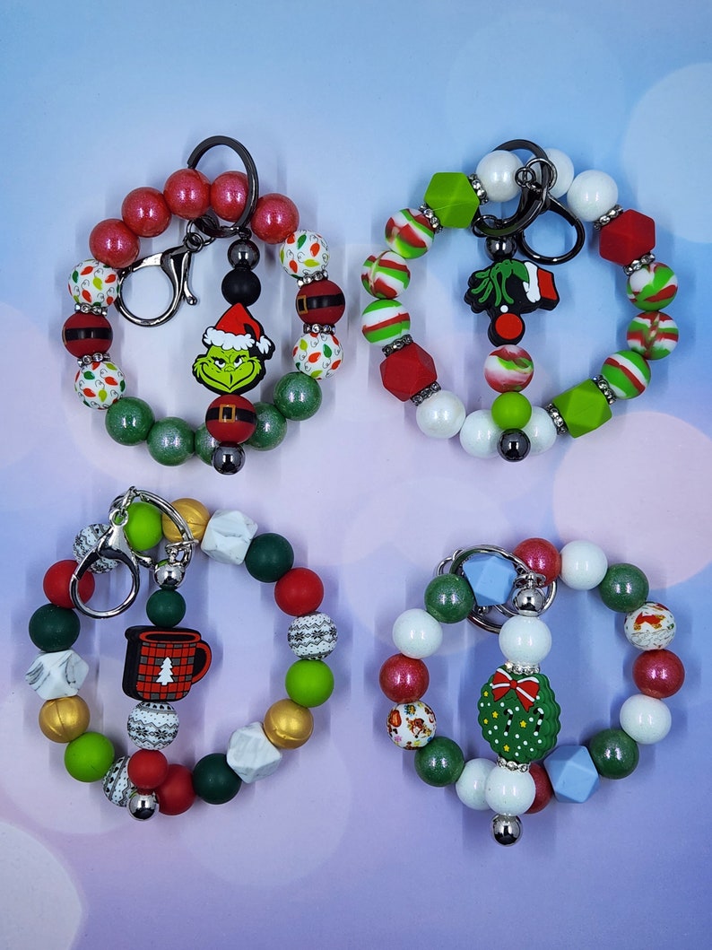 Silicone Christmas Wristlet Keychain With Beaded Charm - Etsy