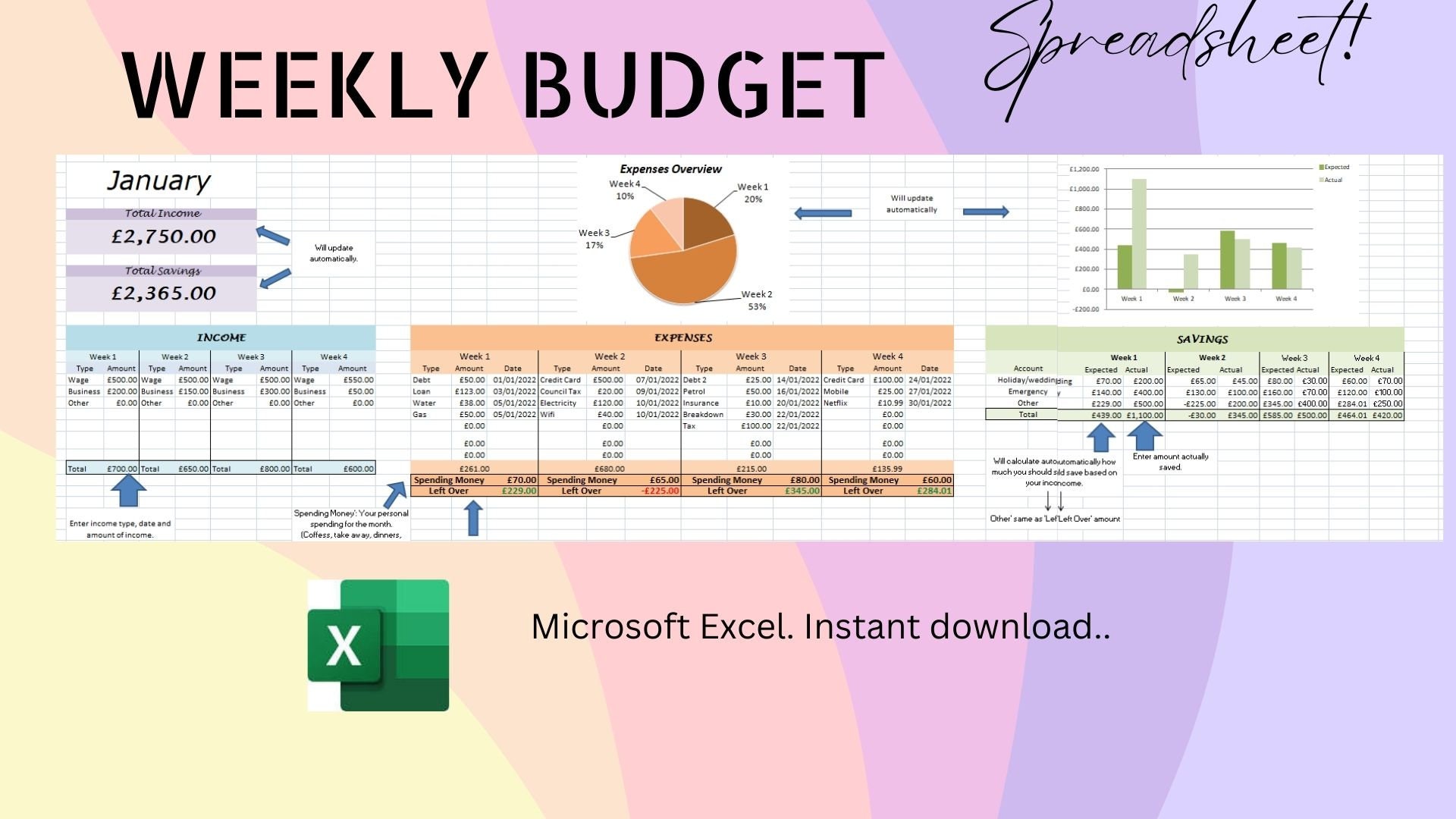 Weekly Budget Spreadsheet Excel Template, Savings Tracker, Debt Payoff ...