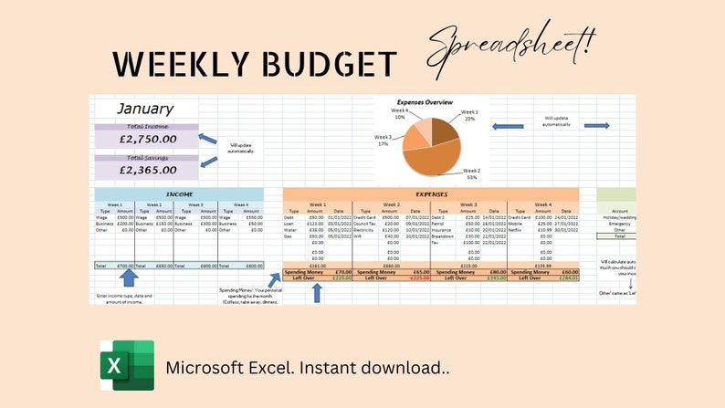 Weekly Budget Spreadsheet Excel Template, Savings Tracker, Debt Payoff ...