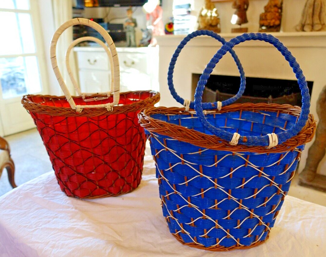 Set of Two Vintage Scoubidou and Wicker Baskets 60s/70s Vintage French ...