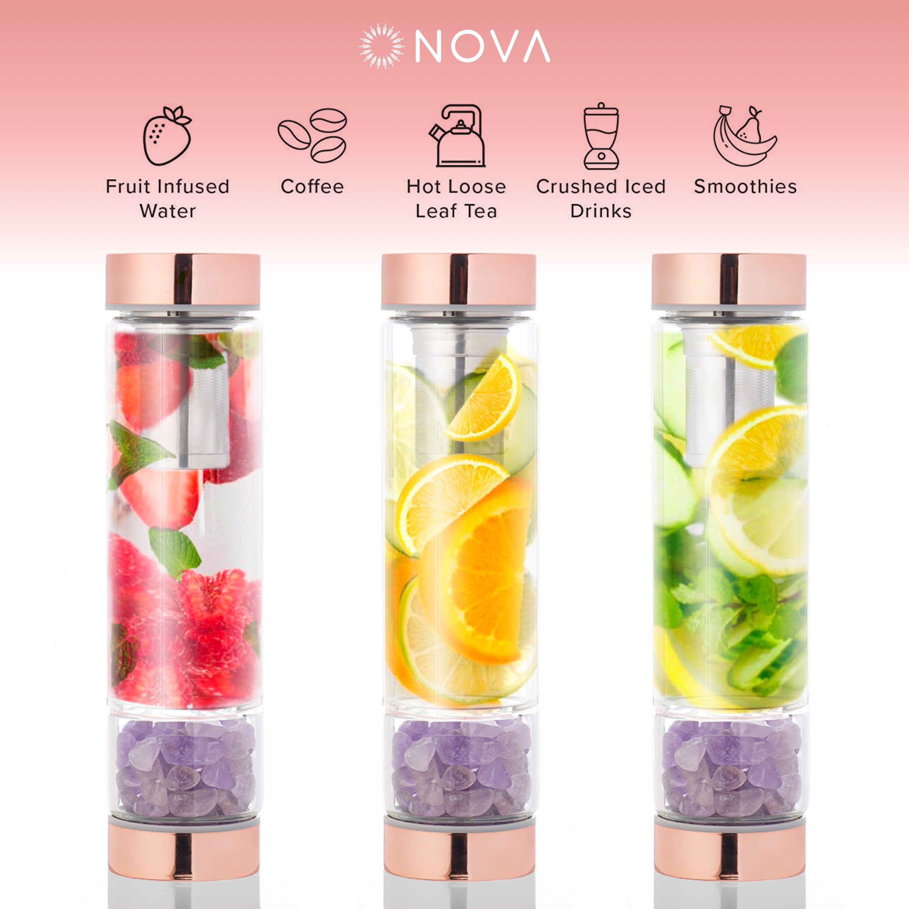 Rose Gold Wellness Crystal Elixir Infused Gem Water Bottle With Tea ...