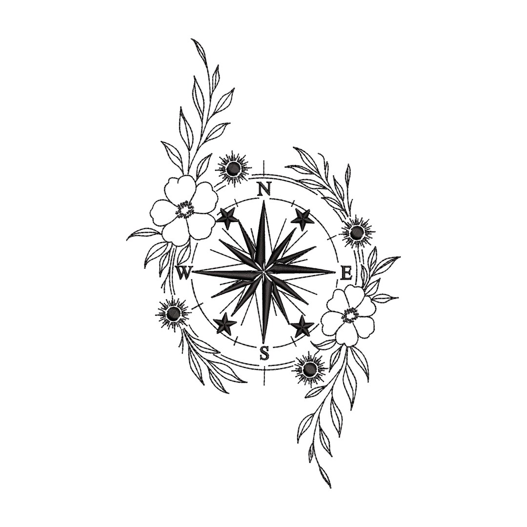 Compass Embroidery Design With Flowers, Wind Rose, 5 Sizes - Etsy
