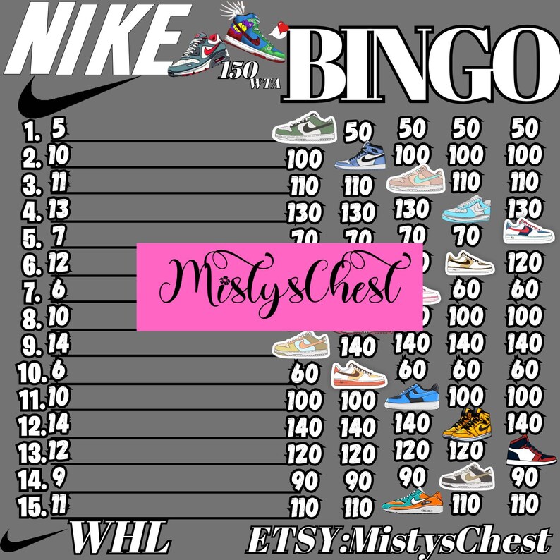 Nike Bingo Card - Etsy