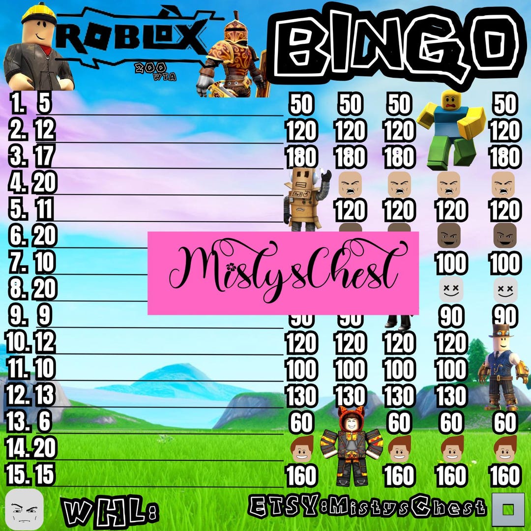 Roblox Bingo Card - Etsy