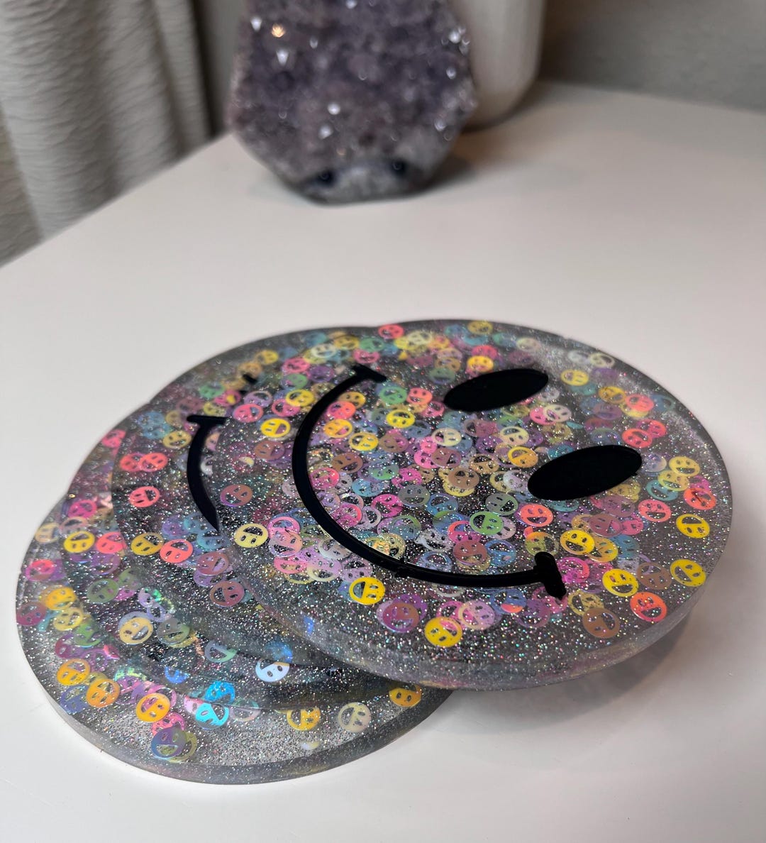 Smiley Face Resin Coasters Set | Glitter Confetti Emoji, Handmade - Etsy
