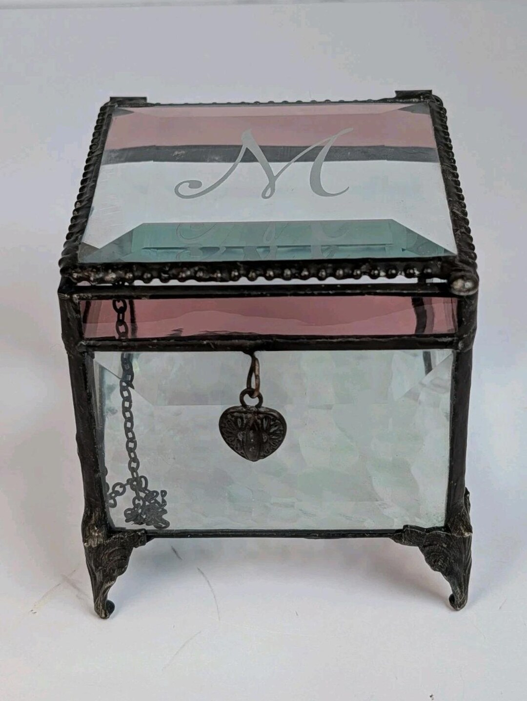Vintage J Devlin Art Colored Glass Footed Keepsake Trinket Box Monogram ...