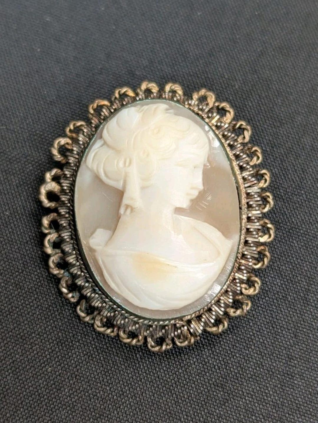 Vintage Art Deco 30s Silver Tone Filigree Carved Shell Camera Brooch ...