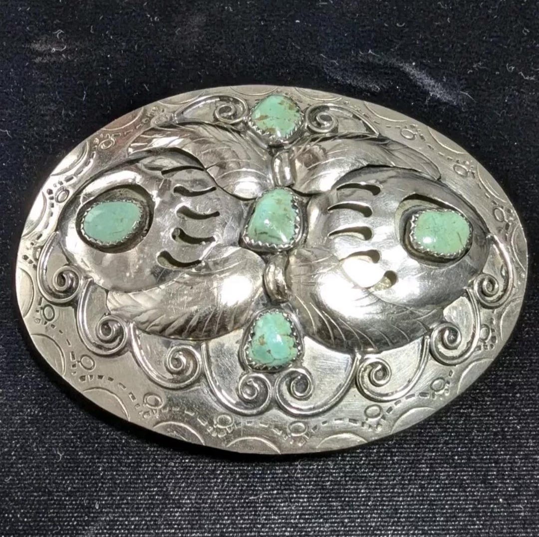 Vintage 60s Sterling Silver Green Turquoise Bear Paw Old Pawn Native ...