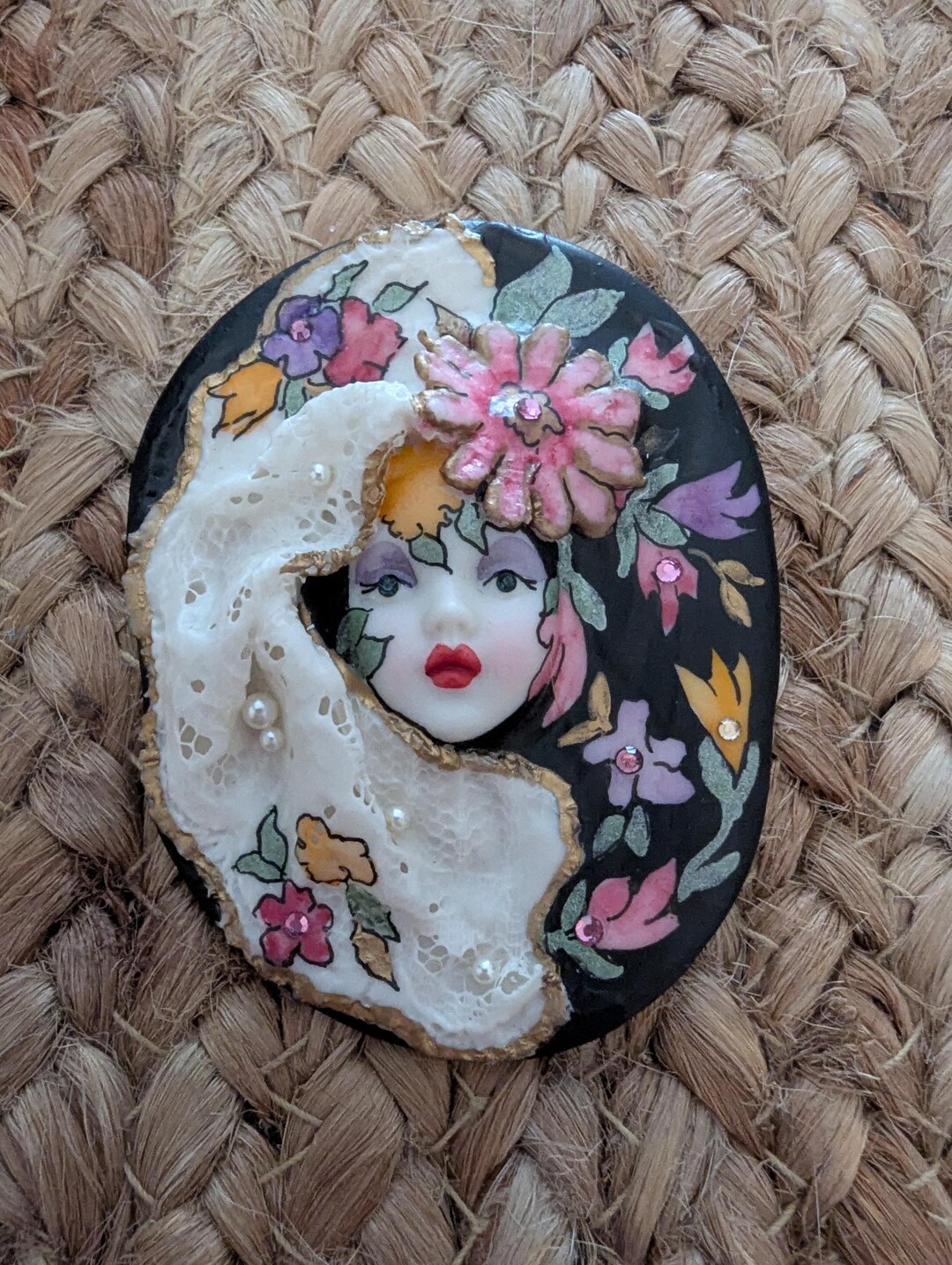 Vintage Adagio Hand Painted Art Deco Style Face Brooch / Pin Pearl ...