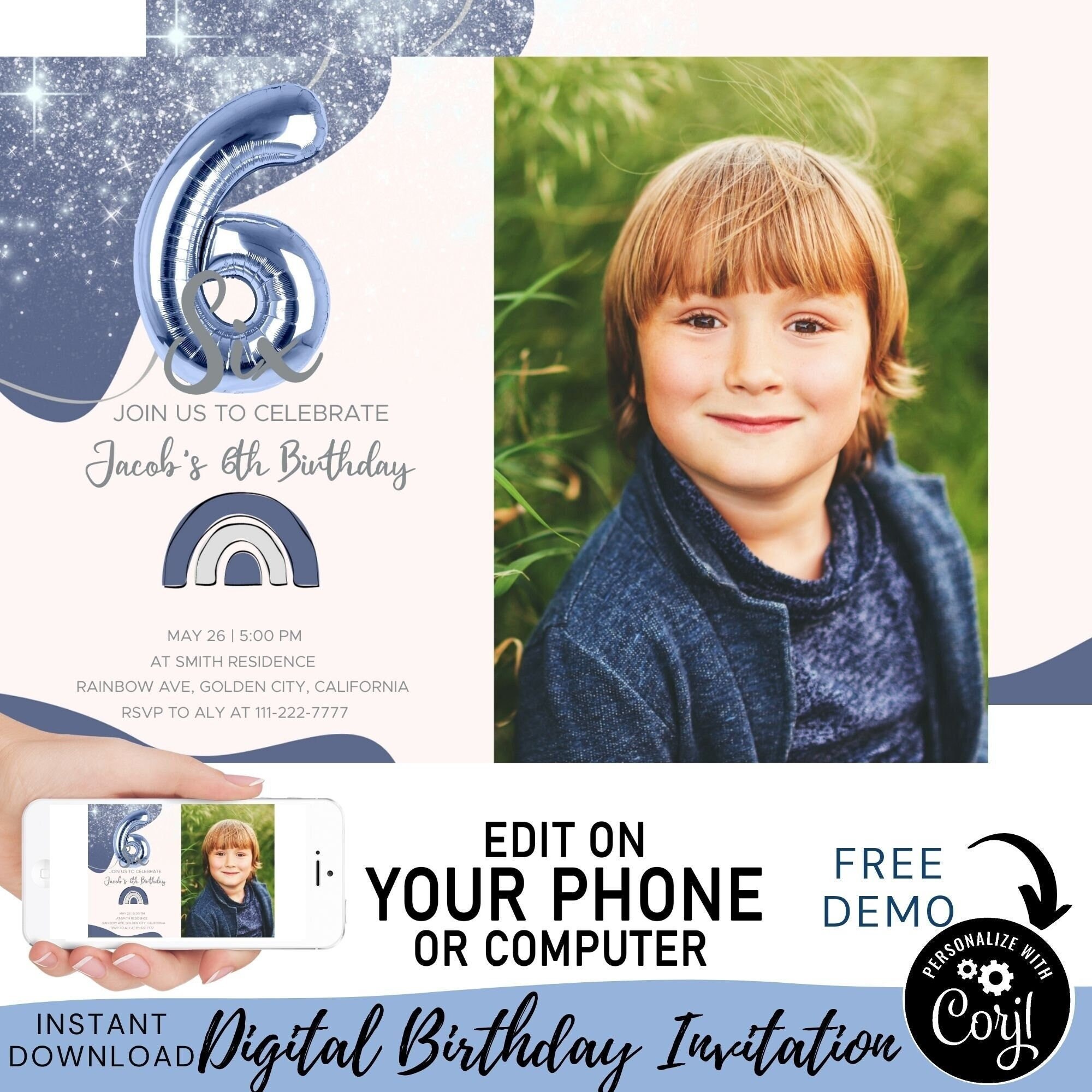Invitations & Announcements DIGITAL 6th Birthday Invitation Add PHOTO ...