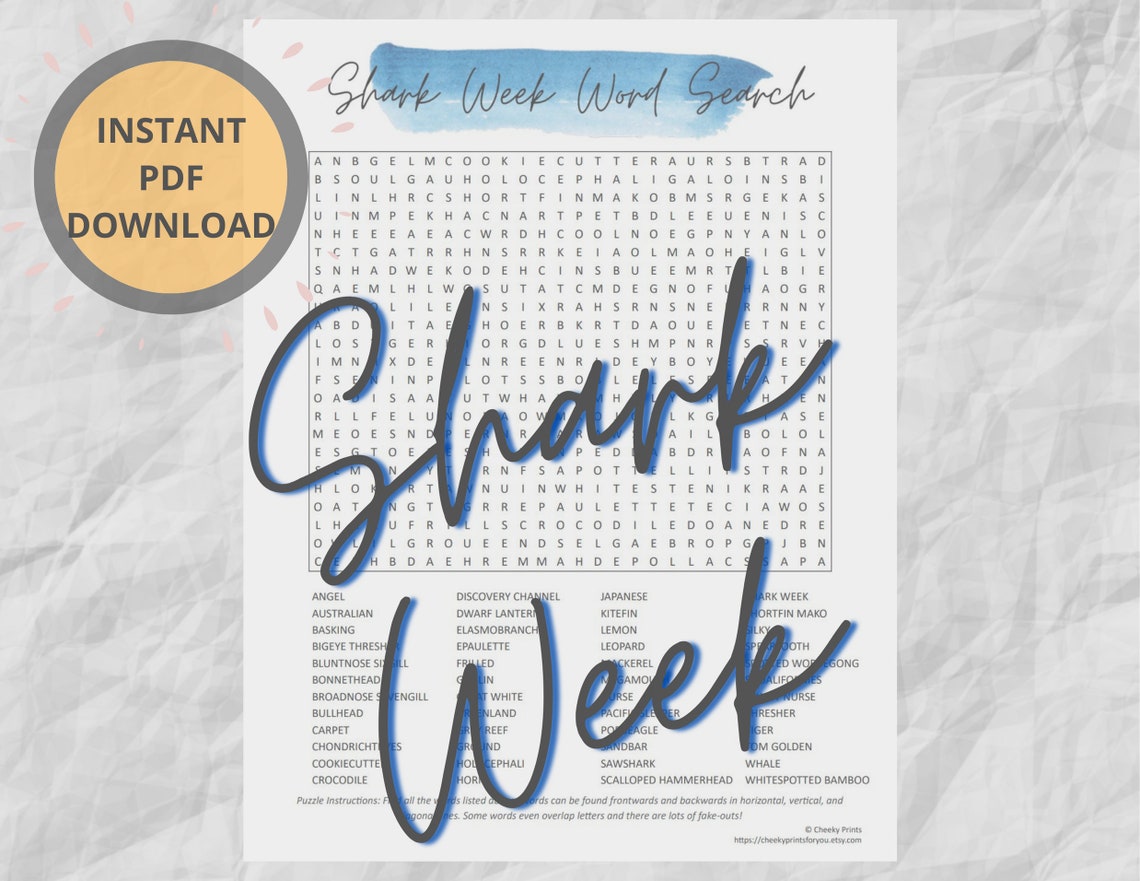 Shark Week Word Search Puzzle Printable Party Games Activities Instant ...