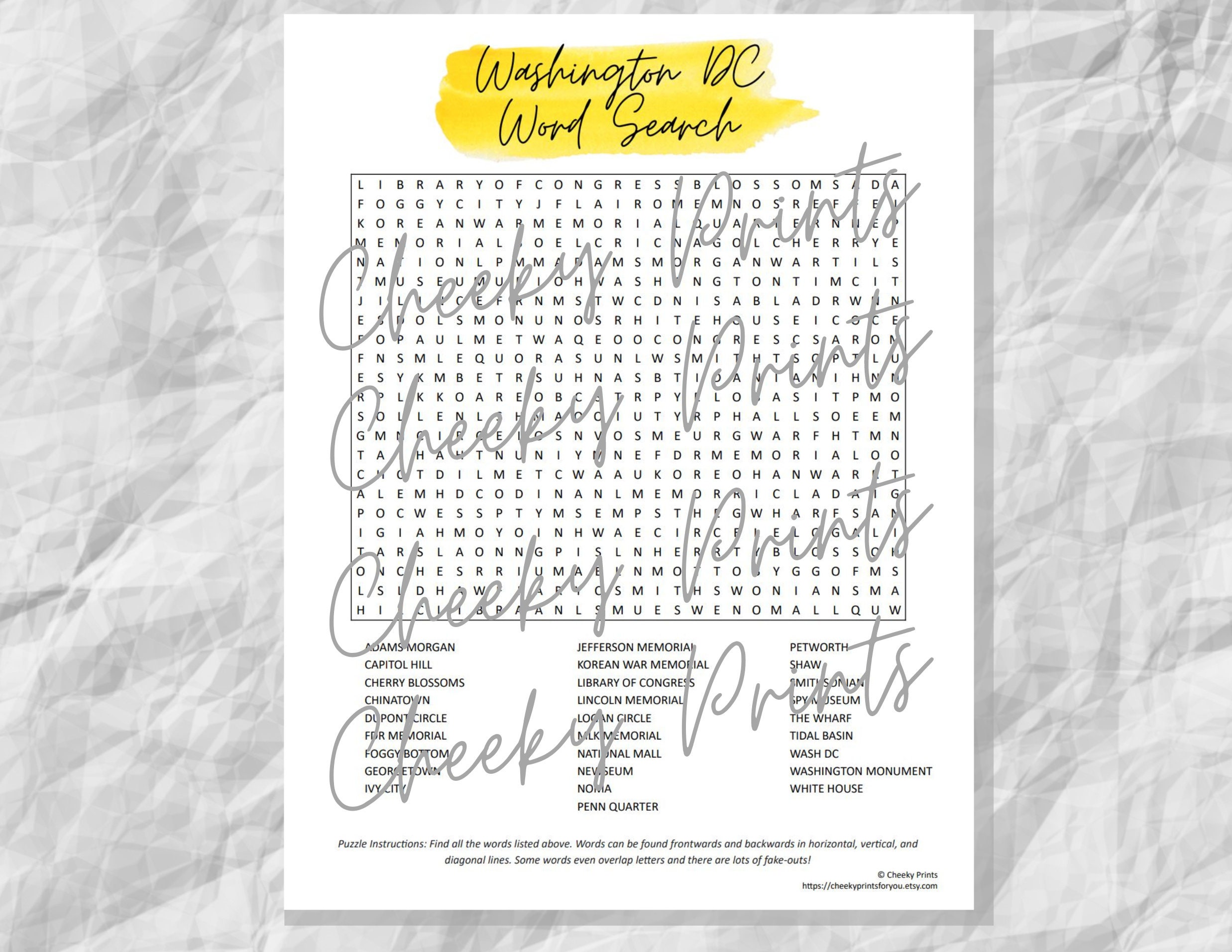 Washington DC Word Search Puzzle Printable Travel Games - Etsy